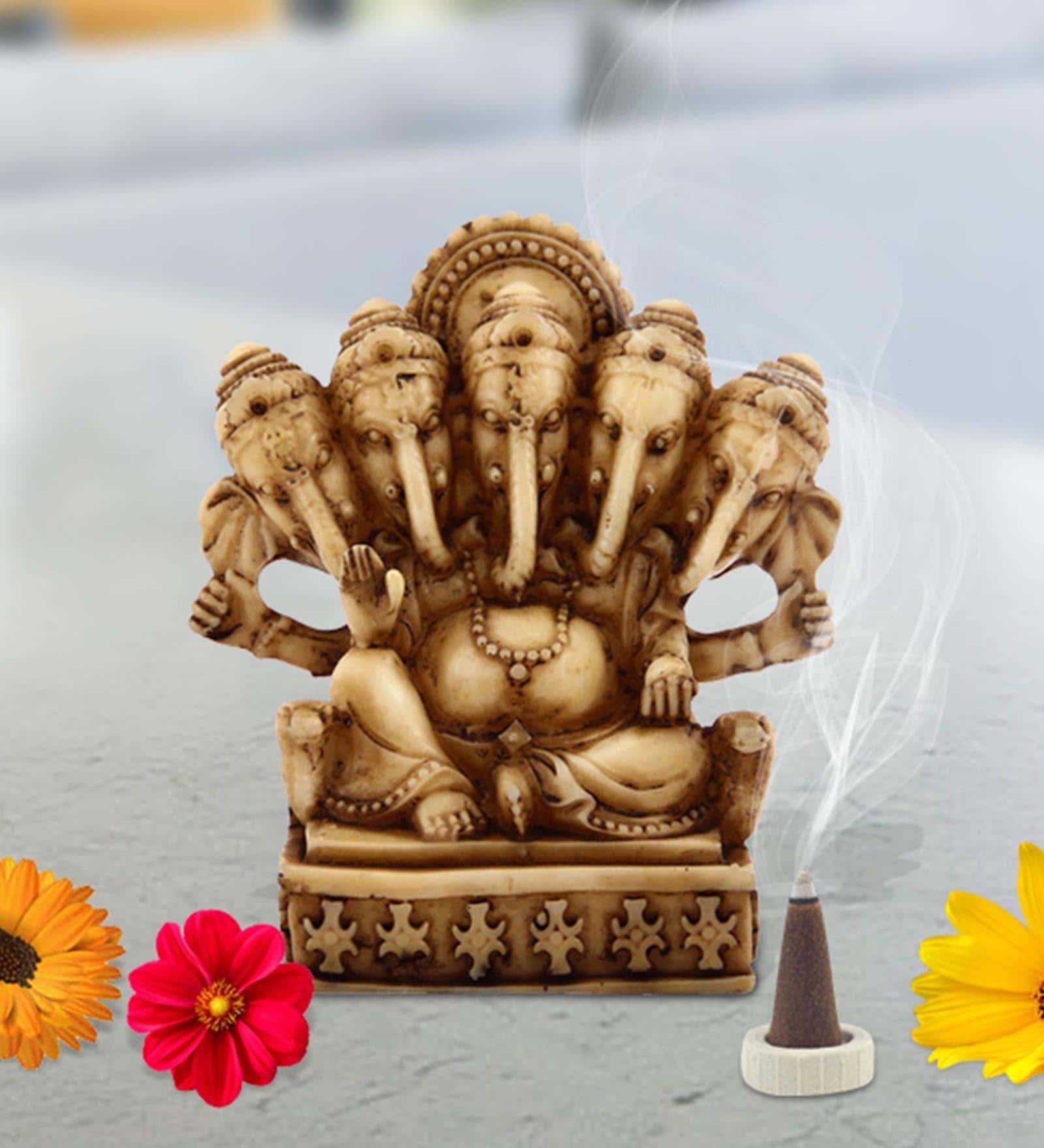 Buy Off White Resin Paanch Mukhi Ganesha Carved In Antique Finish Idol ...