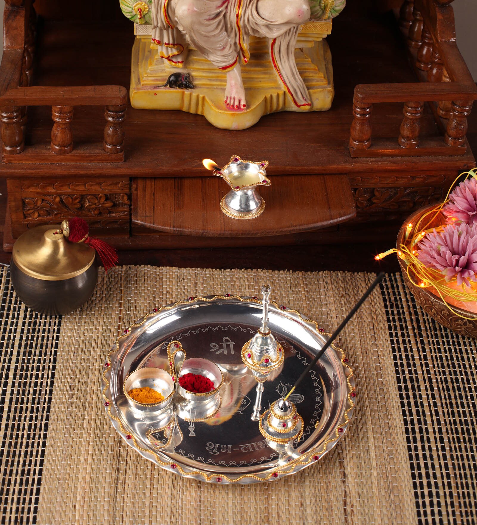 Buy Silver Plated Stainless Steel Diamond Ball Chain Pooja Set by Ojas ...