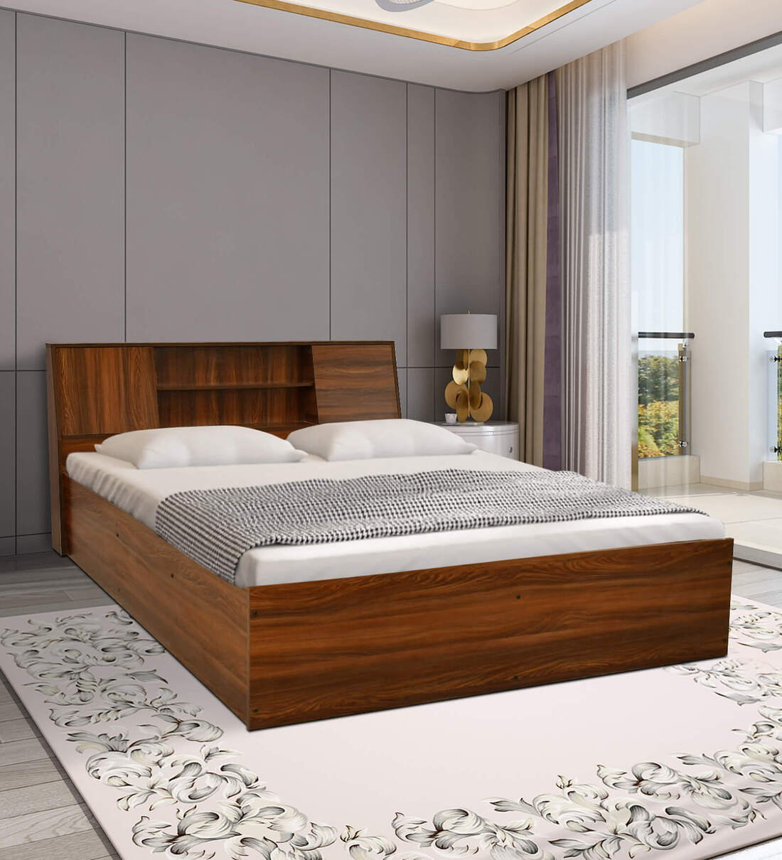 Buy Kitakami Queen Size Bed In Dark Rolex Finish With Hydraulic ...