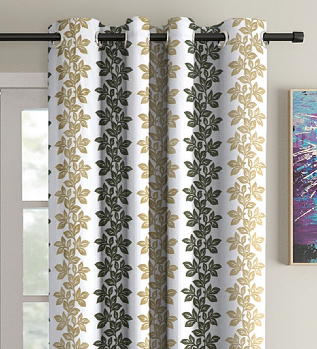 Buy Olive Floral Polyester 5Ft Semisheer Eyelet Window Curtains (Set Of ...