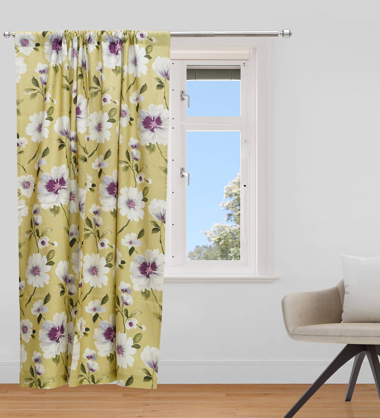 Buy Off White Floral Cotton Blend 7 Ft Blackout Rod Pocket Door Curtain ...