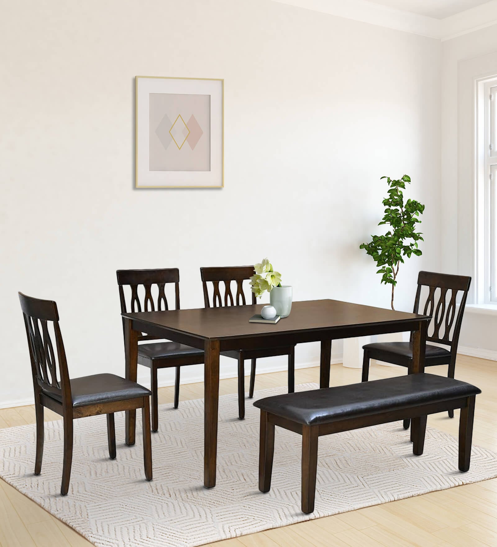 Buy Olivia Solid Wood 6 Seater Dining Set with Bench in Brown Finish at ...