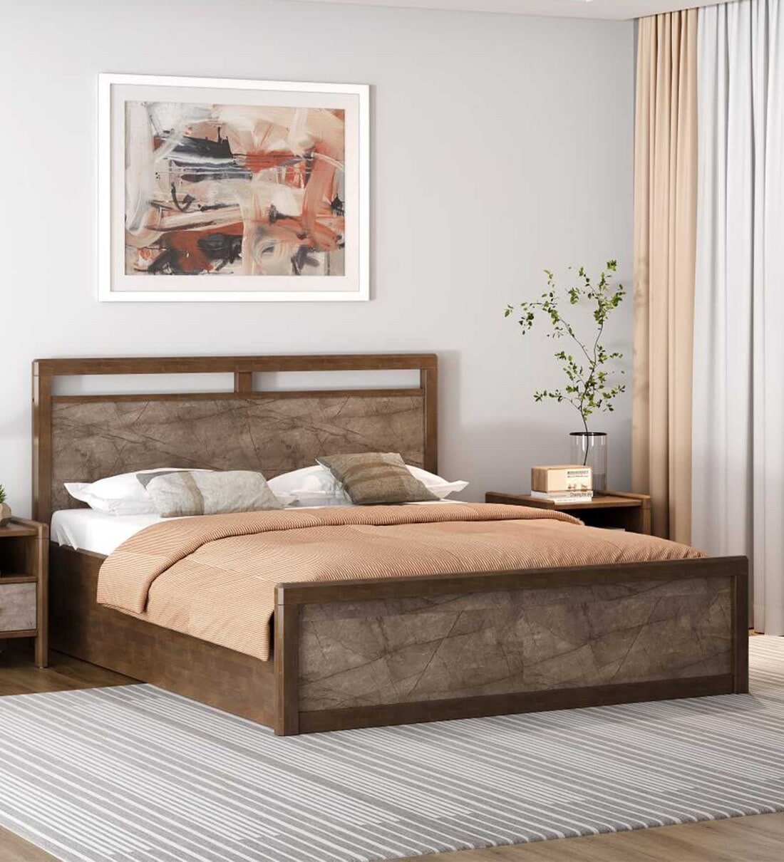 Buy Opazin Solid Wood Queen Size Bed In Irish Walnut Colour With Box ...
