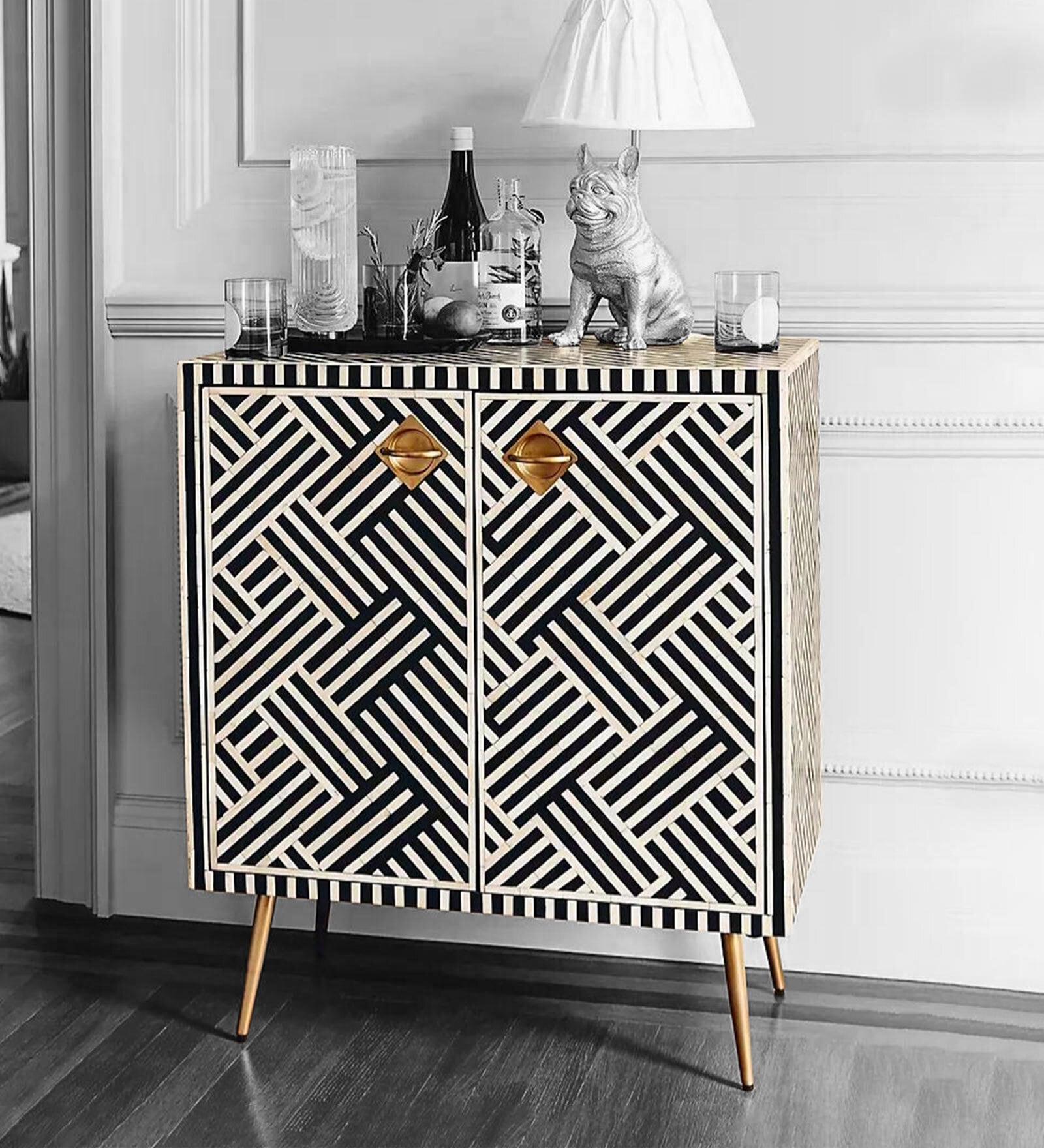 Buy Optical Bone Inlay Bar Cabinet in Black Colour at 100% OFF by ...