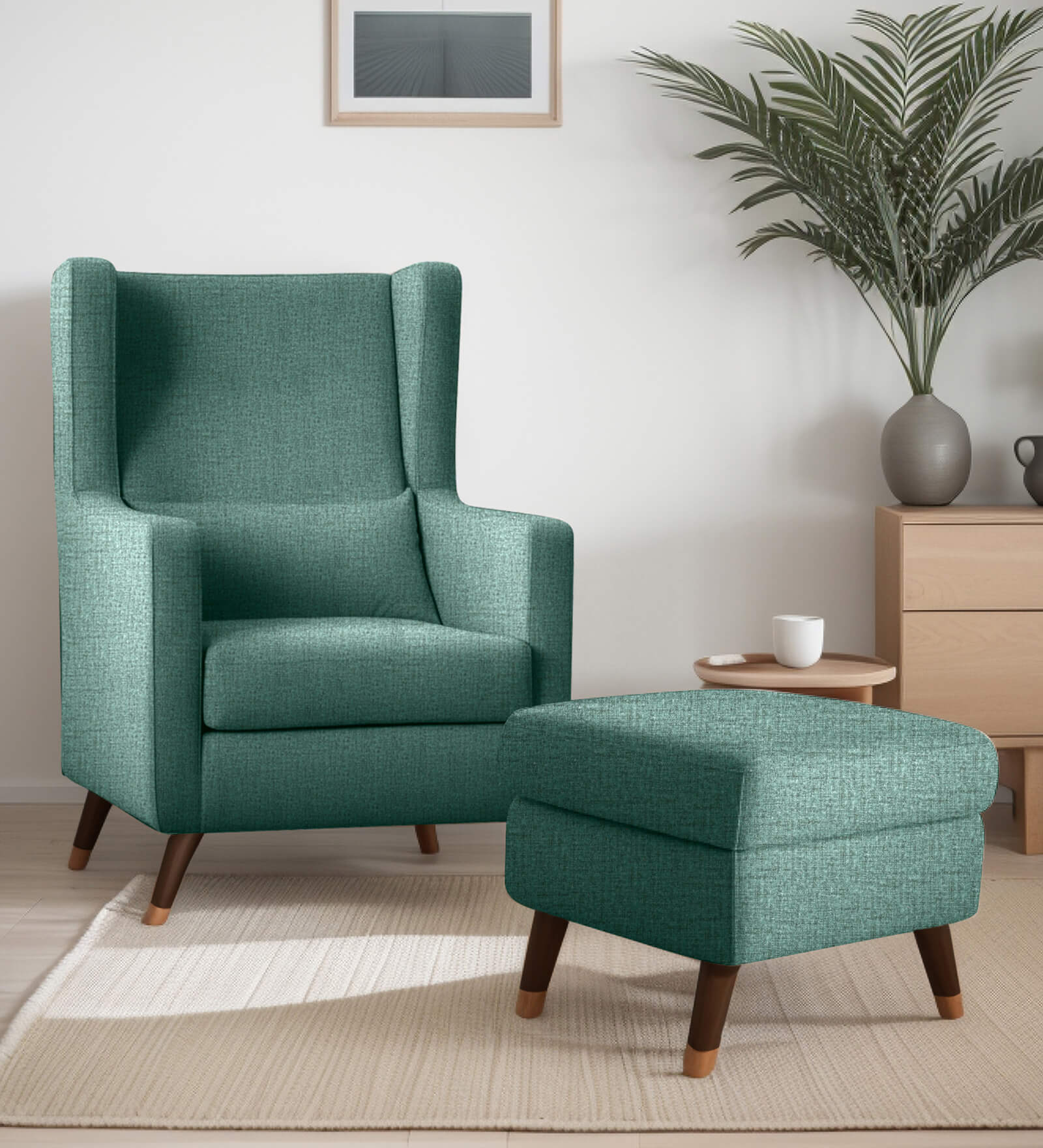 Buy Opulence Fabric Wing Chair In Imperial Green Finish With Ottoman at ...