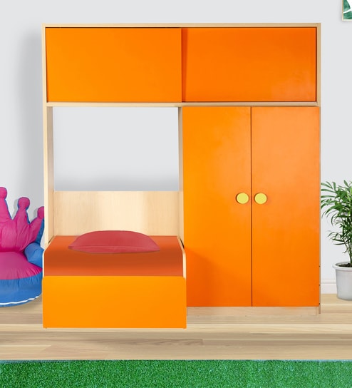 Buy Supreme Kids Bed with Warddrobe in Orange Colour with Box Storage ...