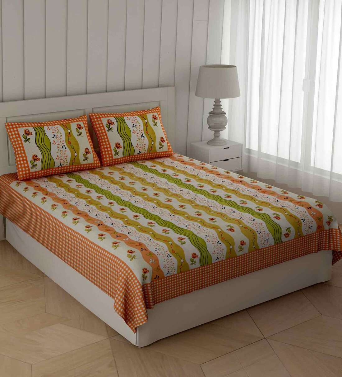 Buy Orange Floral 108 TC Cotton King Sized Bed Sheets with 2 Pillow ...