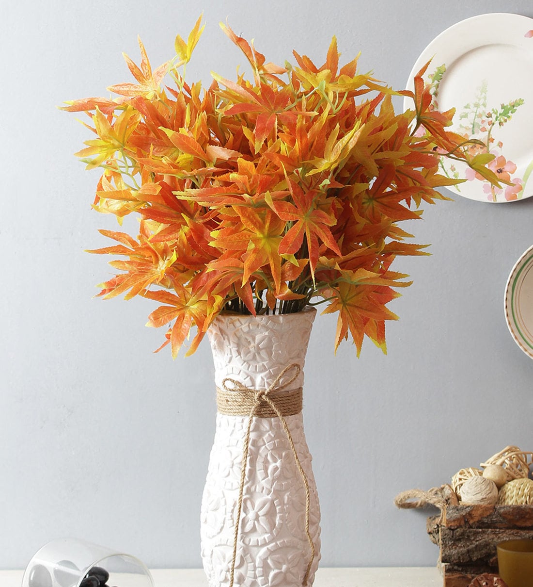 Buy Orange Artificial Plastic Maple Leaves Bush without Pot, Set of 3 ...