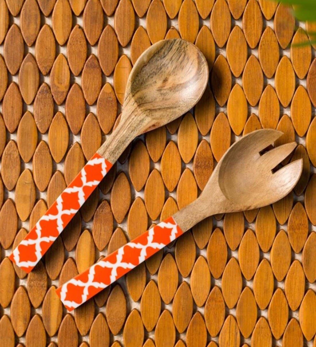 Buy Moroccan Red & White Mango Wood (Set of 2) Serving Spoon & Folk at ...