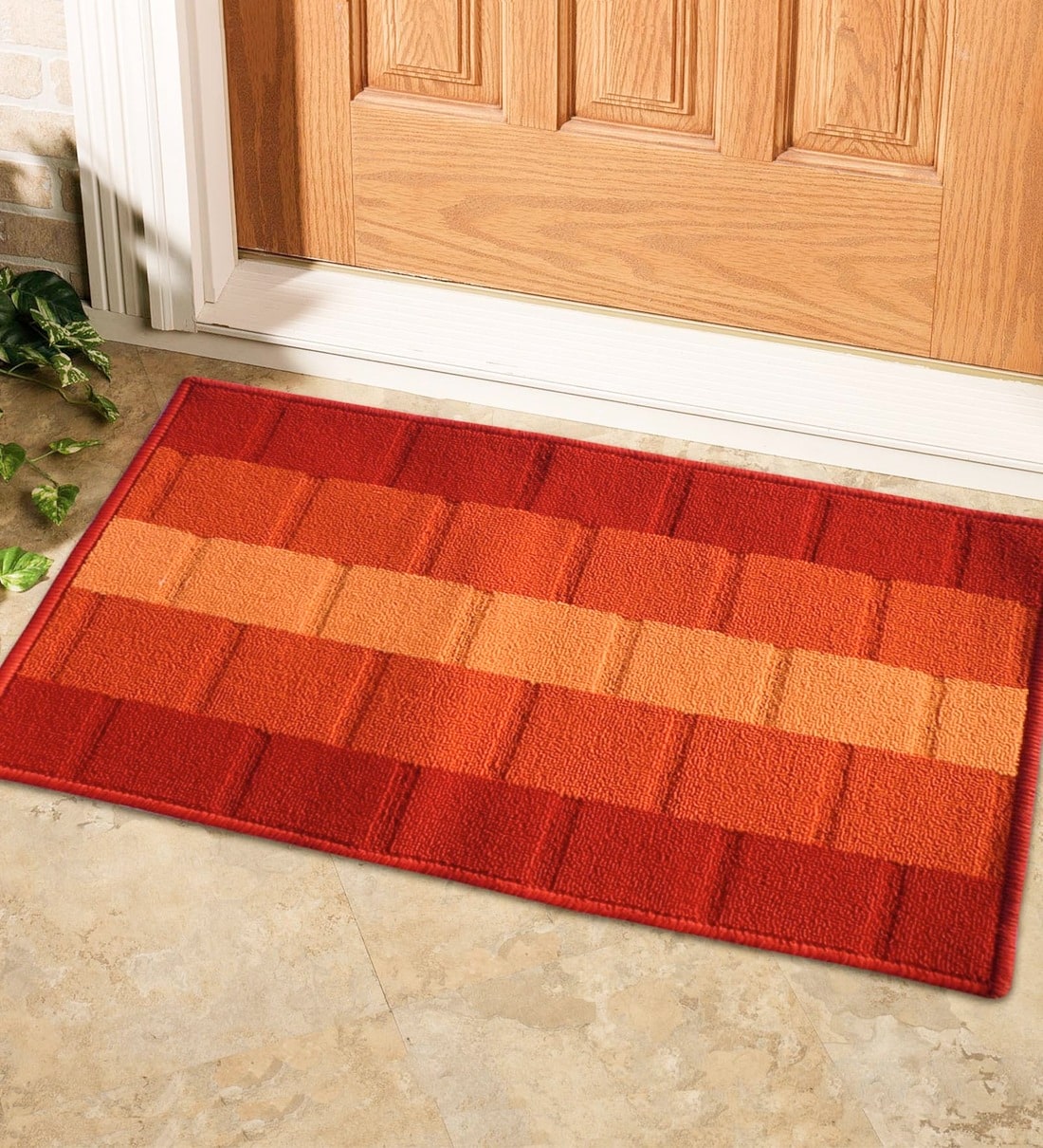 Buy Orange Geometric Polyester 23 x 15 Inches Anti Skid Door Mat by ...
