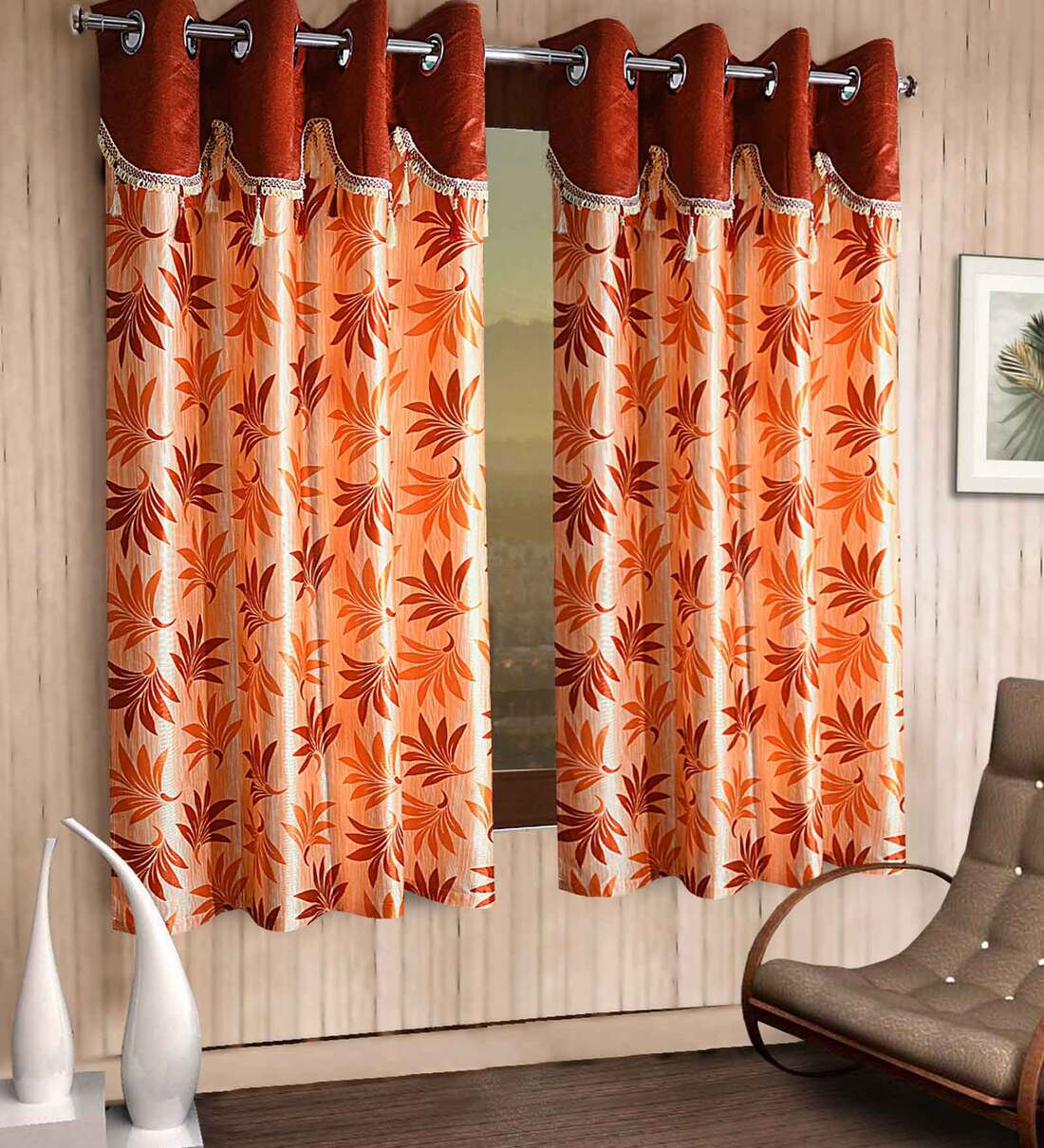 Buy Orange Floral Polyester 5 Ft Semisheer Eyelet Window Curtains (Set ...