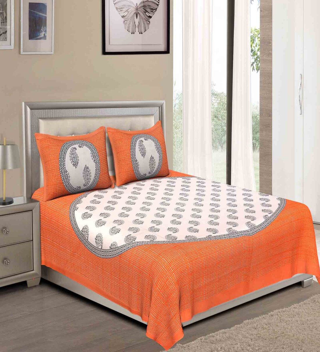 Buy Orange Traditional 120 TC 100% Cotton Queen Bedsheet With 2 Pillow ...