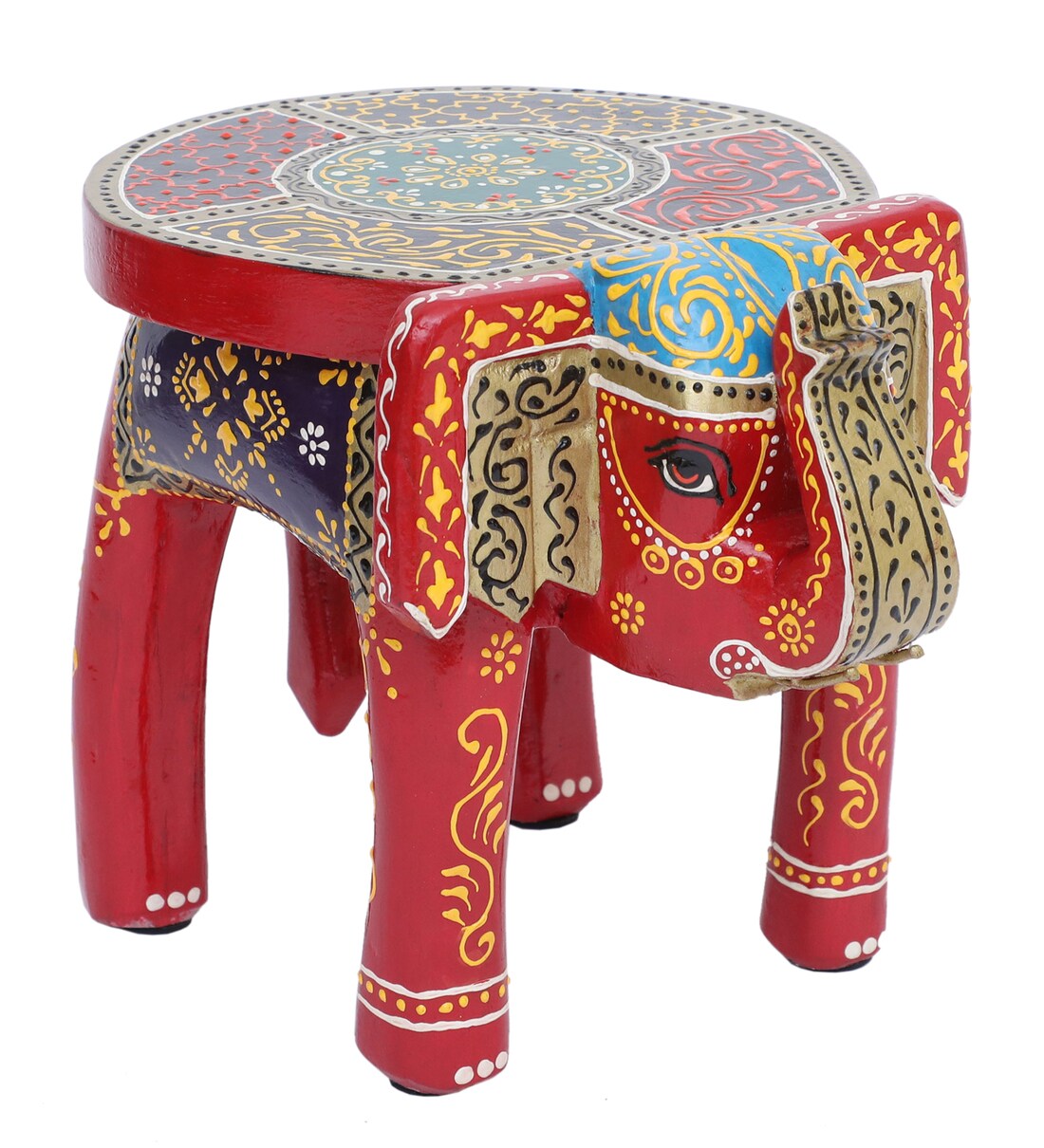 Buy Orange Wooden Handpainted Big Elephant Stool by SA Handicraft ...