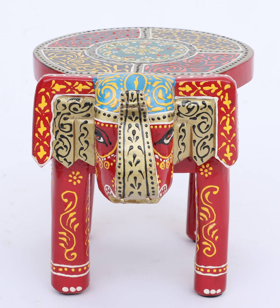 Buy Orange Wooden Handpainted Big Elephant Stool by SA Handicraft ...