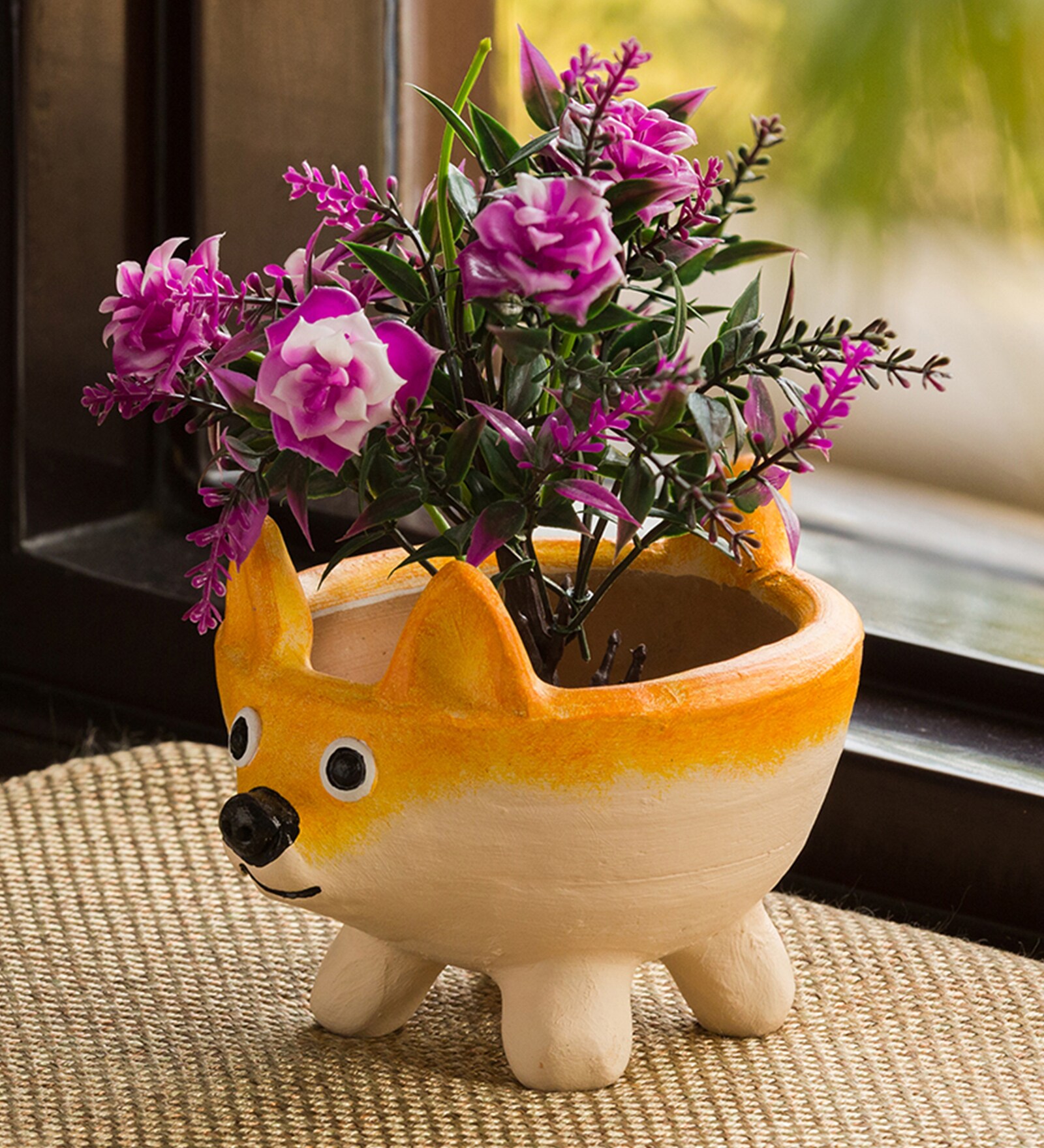 Buy Orange & Off-White Terracotta Thinking Fox Handpainted Desk Pot by ...