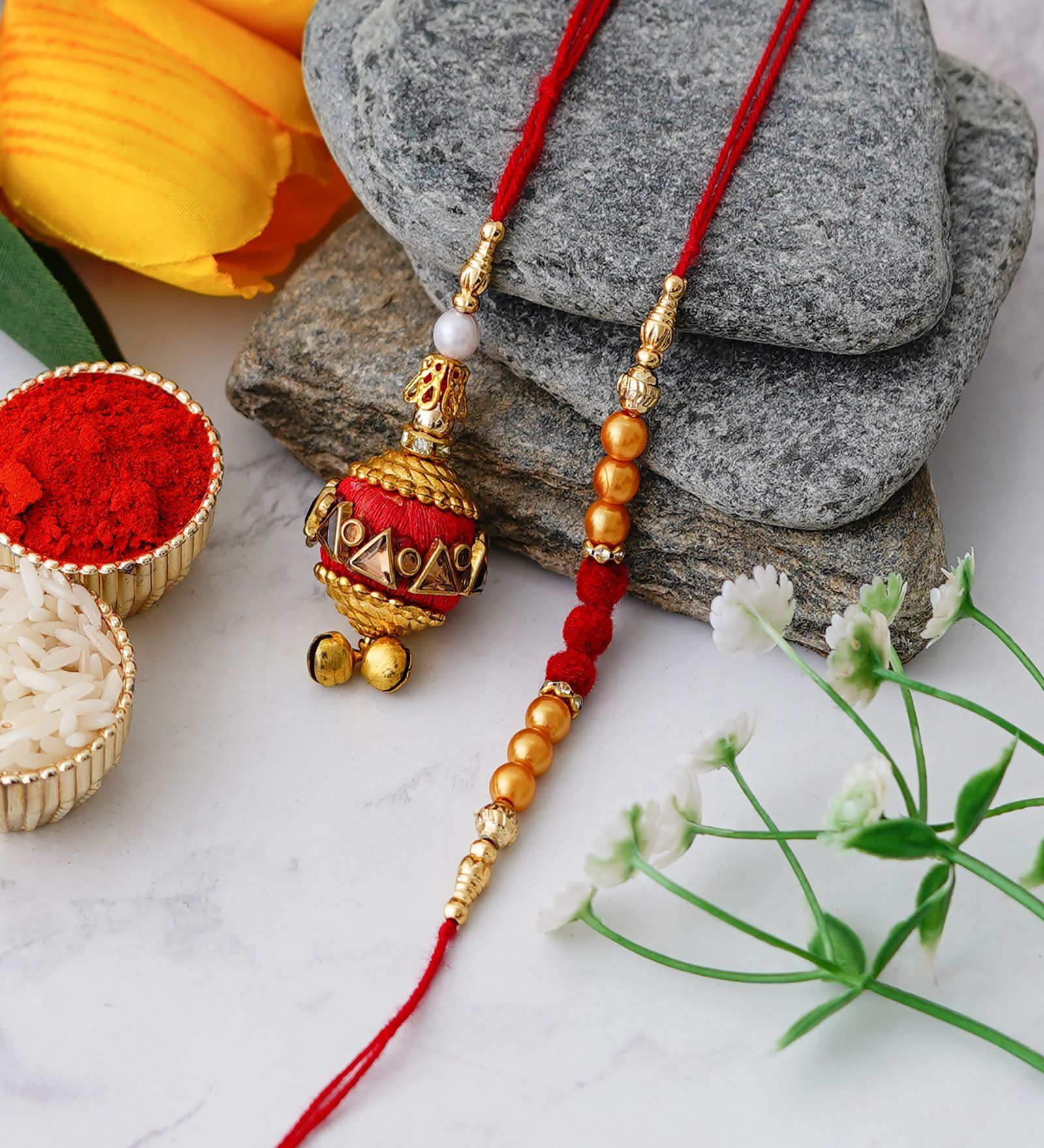 Buy Orange & Red Gota Patti Work Handmade Bhaiya Bhabhi Rakhi Set with ...