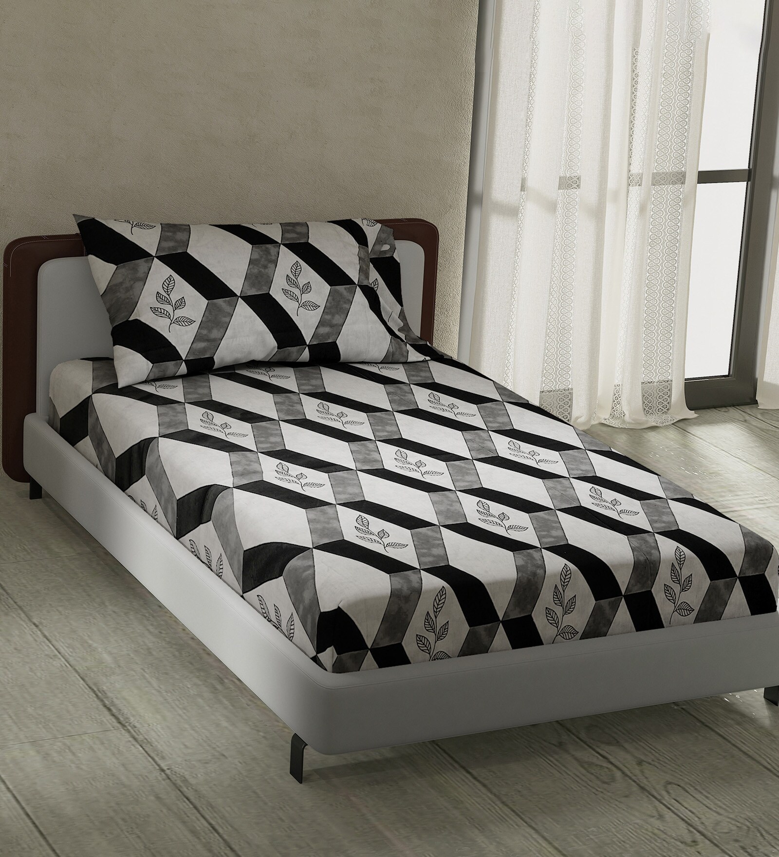 Buy Black and Grey Floral 180 TC Cotton Single Bedsheet with 1 Pillow Cover at 40% OFF by LABHAM ...