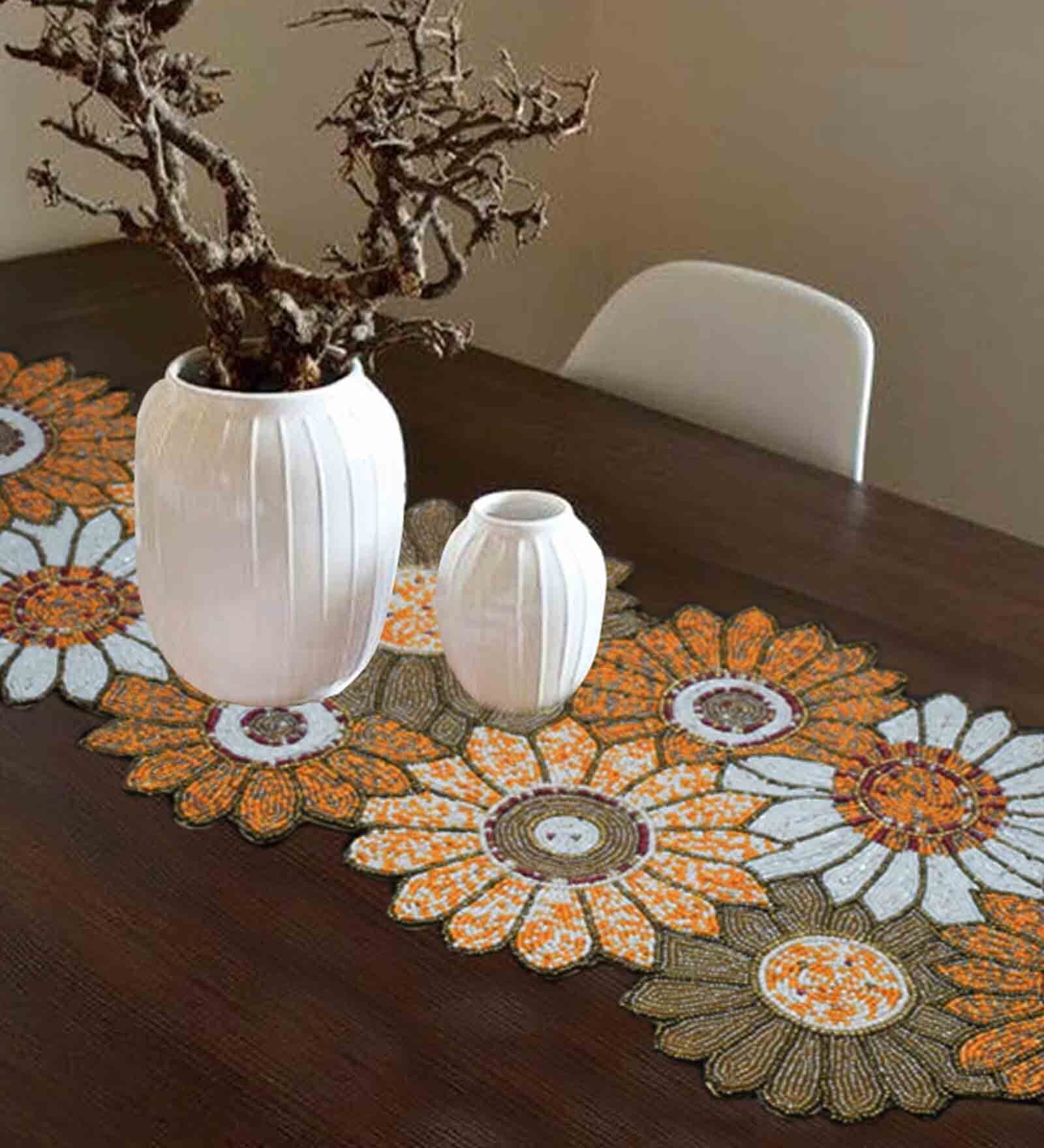 Buy Floral Beaded (36x13) Orange & White Cotton Table Runner at 23% OFF ...
