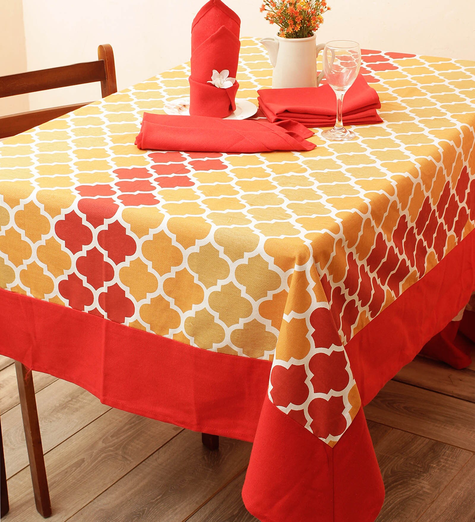 Buy Ogee Pattern Orange Cotton 90x60 Inch Table Cover With 6 Napkins by ...