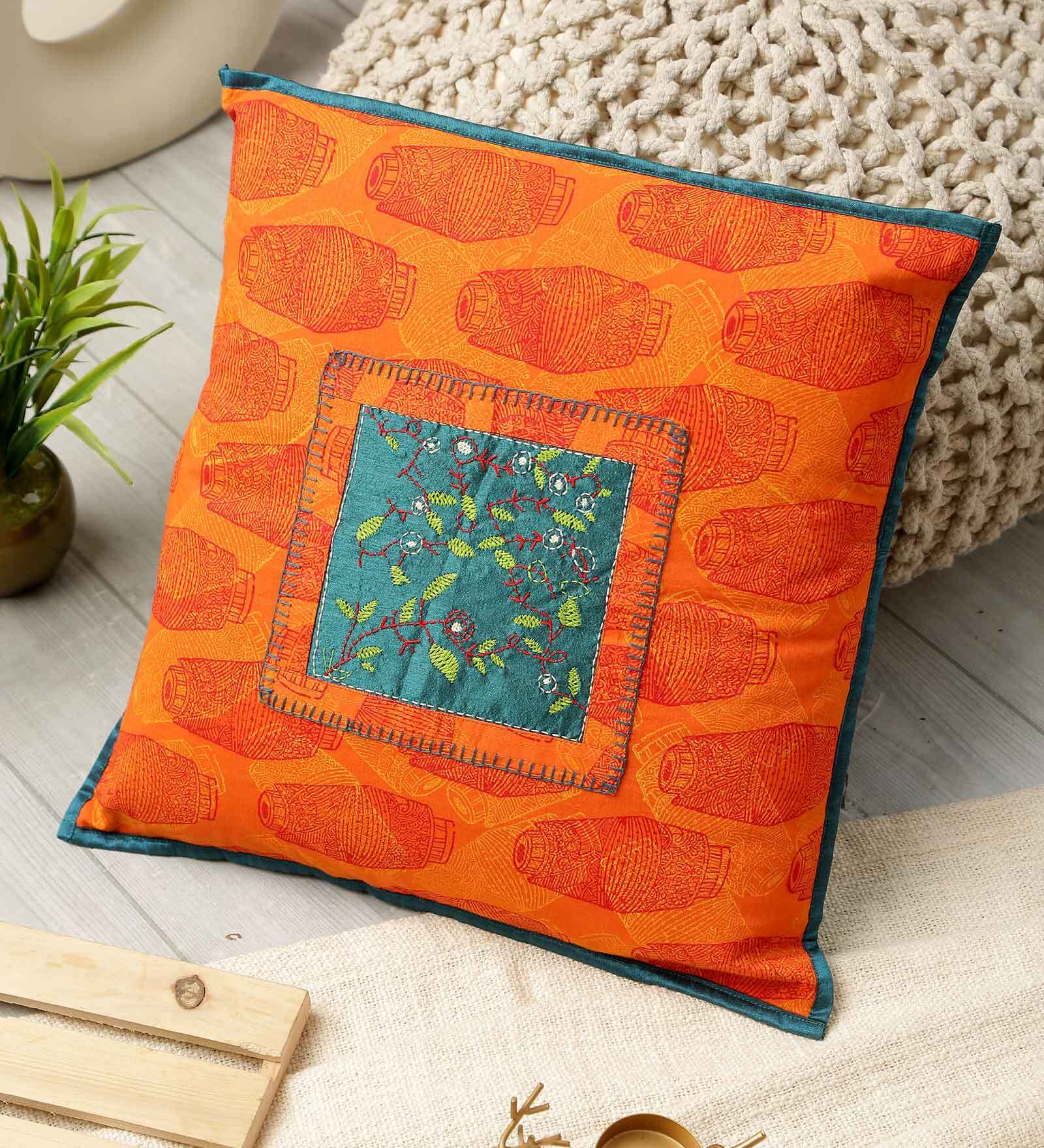 Buy Orange Cotton Ethnic motif 16x16 inches Cushion Covers (Set of 2 ...