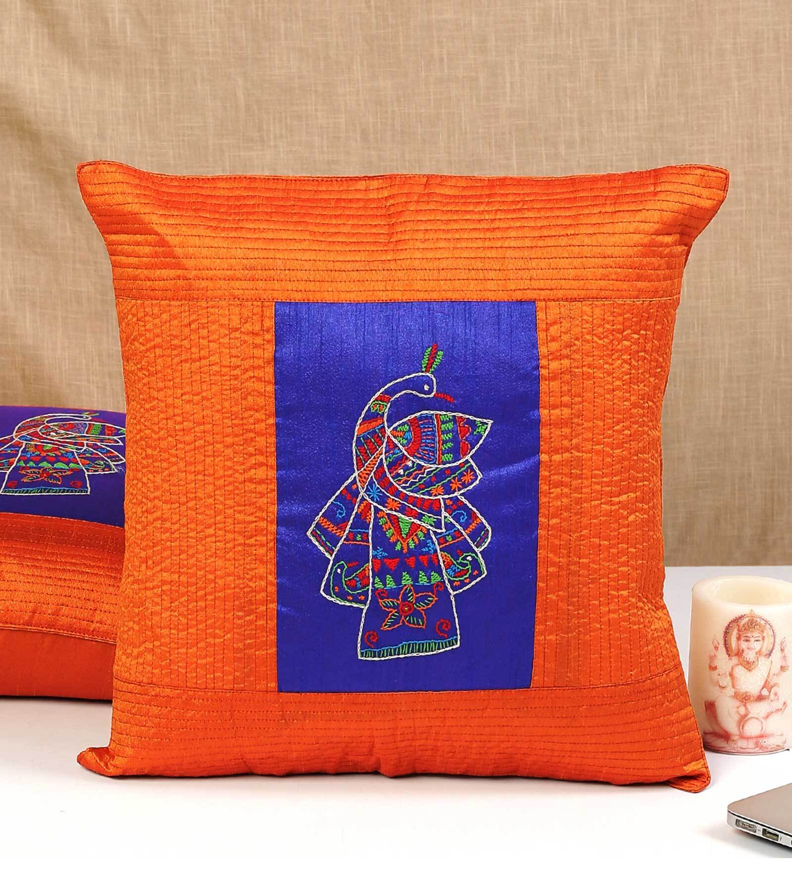 Buy Orange Traditional Dupion Silk 16 x 16 Inches Cushion Covers (Set ...