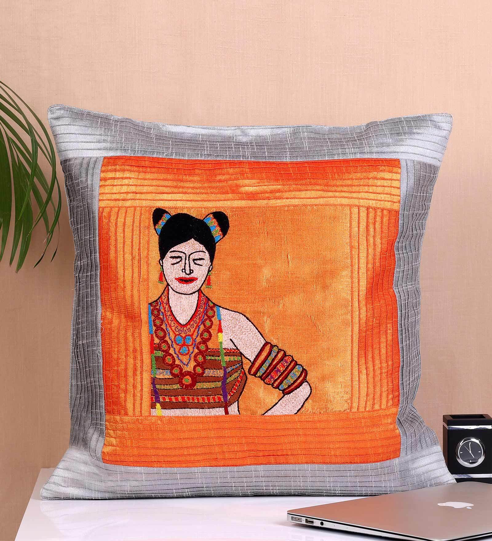 Buy Orange Traditional Dupion Silk 20 x 20 Inches Cushion Covers (Set ...