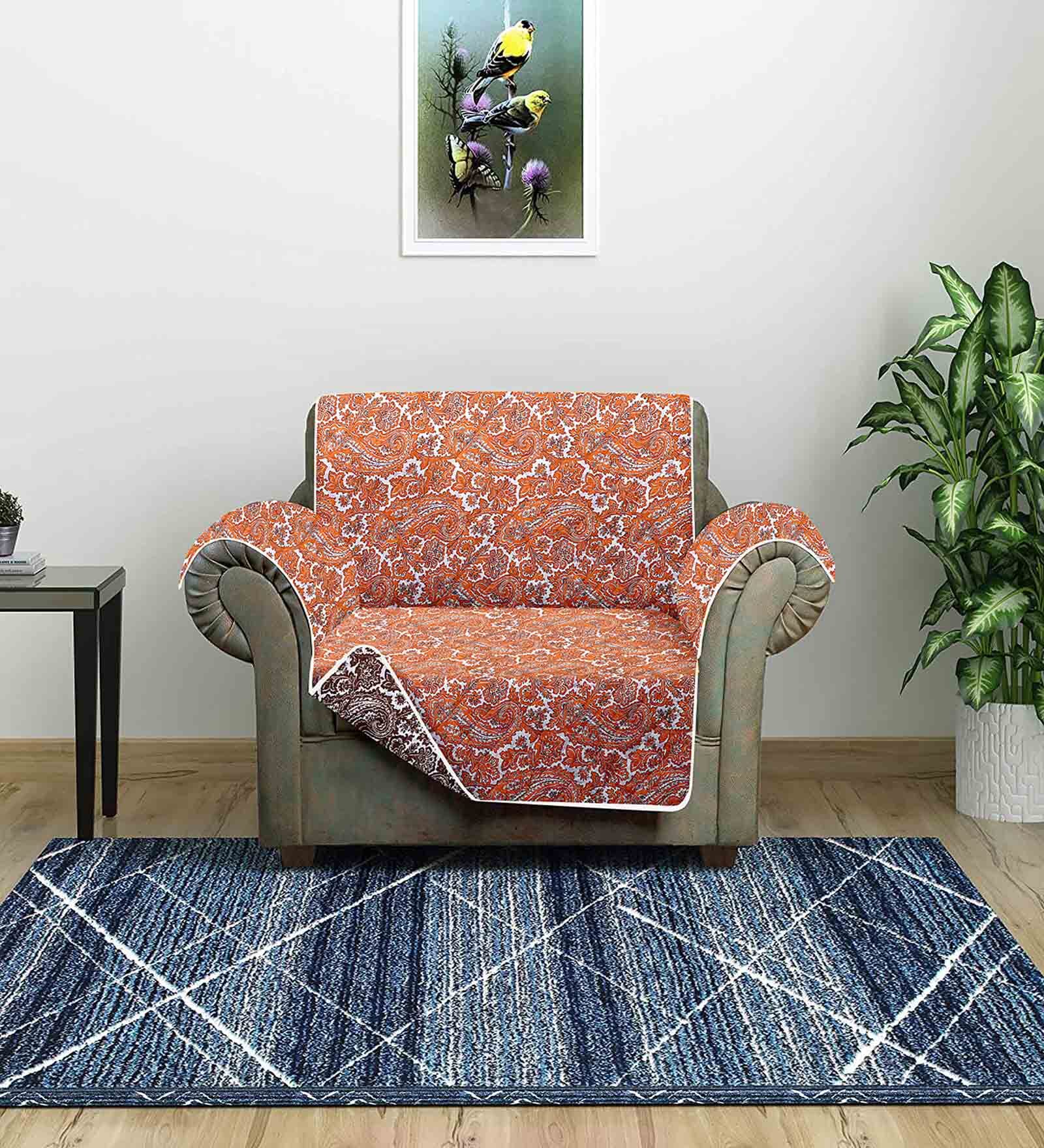 Buy Orange Ethnic motif Polyester 1 Seater Reversible Sofa Cover By ...