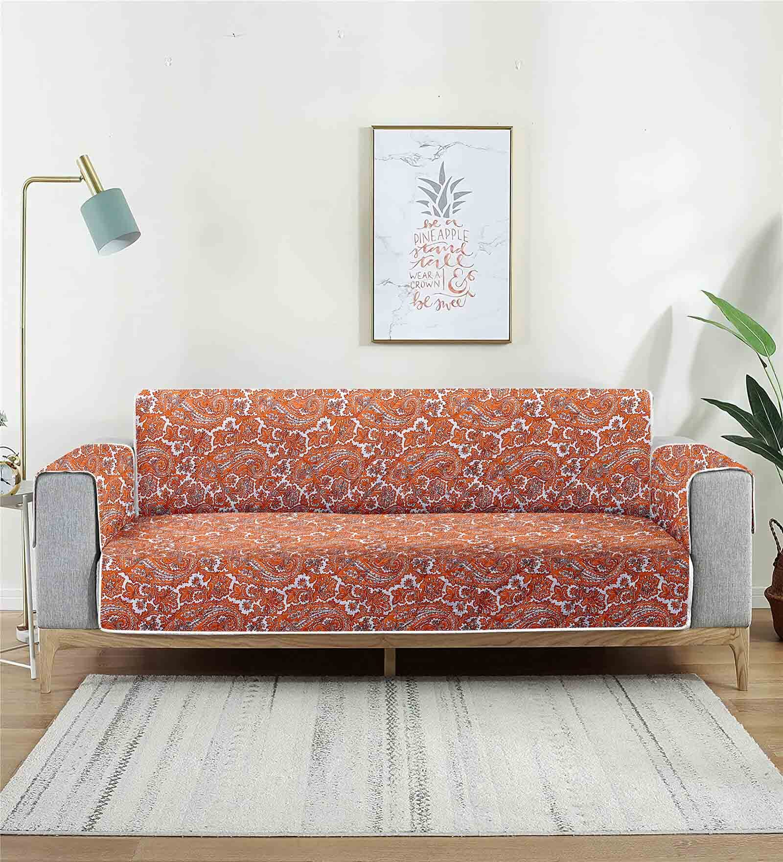 Buy Orange Ethnic motif Polyester 2 Seater Reversible Sofa Cover By ...