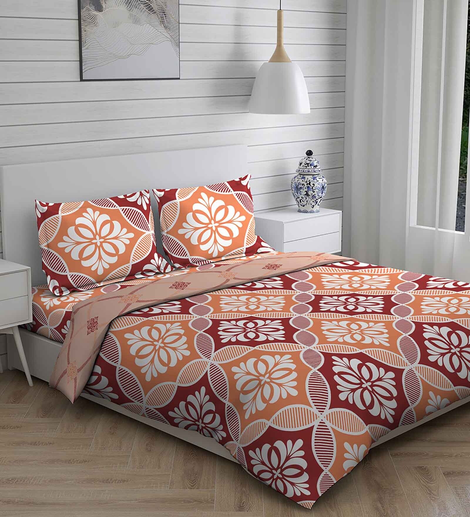 Buy Orange Patterned 144 TC Cotton 4 Pieces Bedding Set Pistoia ...