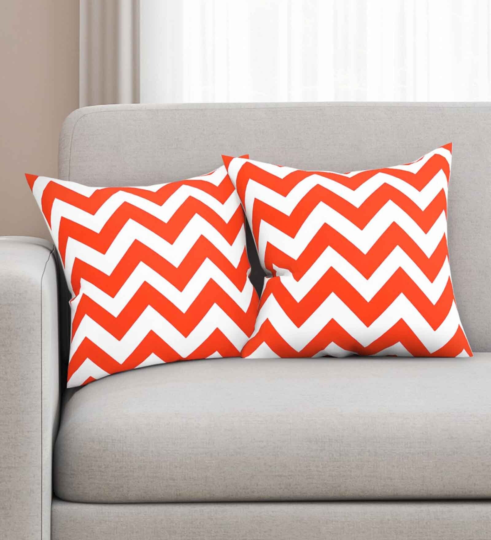 Buy Orange Zig Zag Poly Cotton 16 x 16 Inches Cushion Covers (Set of 2 ...