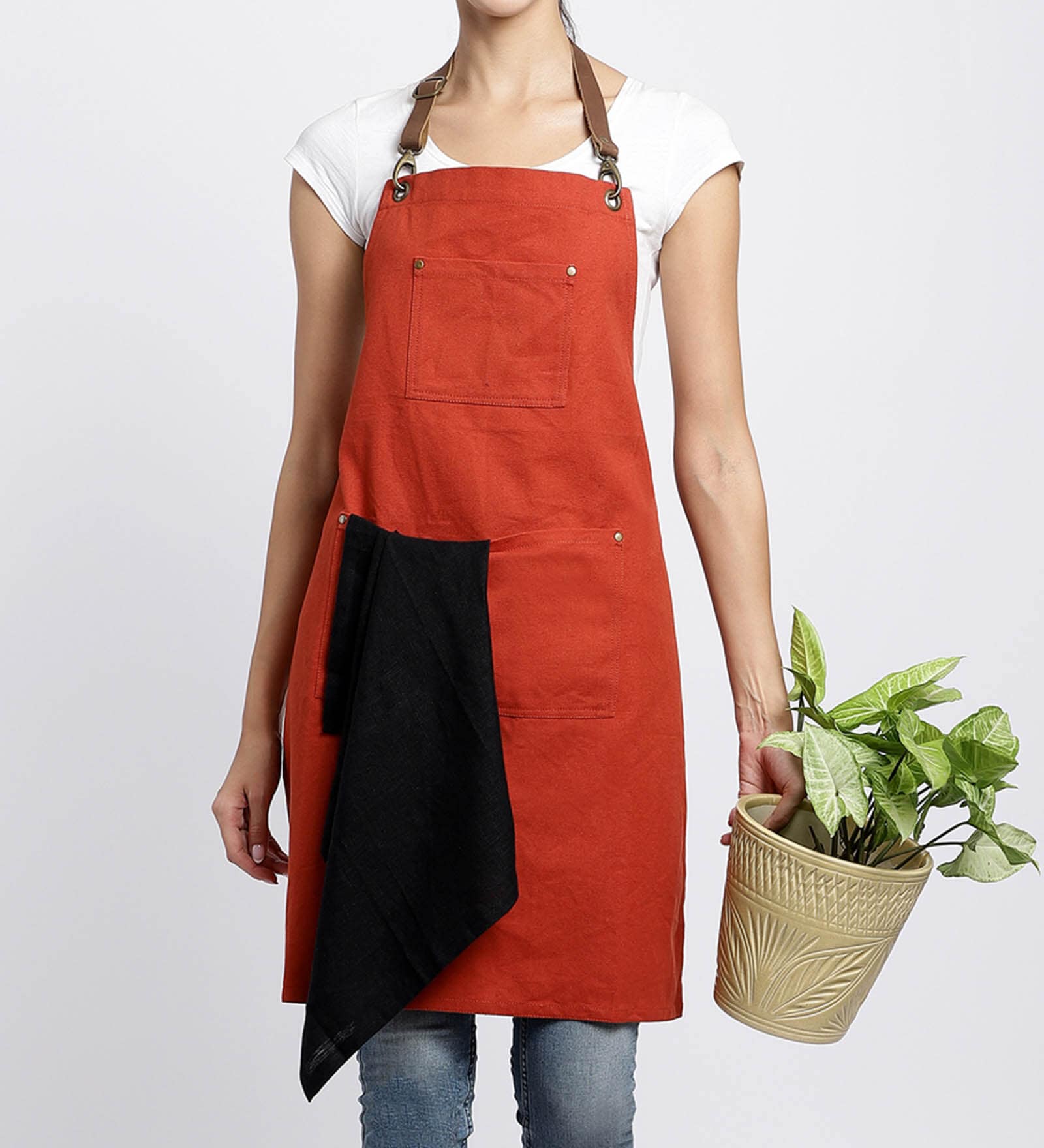 Buy Solid Orange & Black Cotton (Set of 2) Apron & Napkin Set at 25% ...