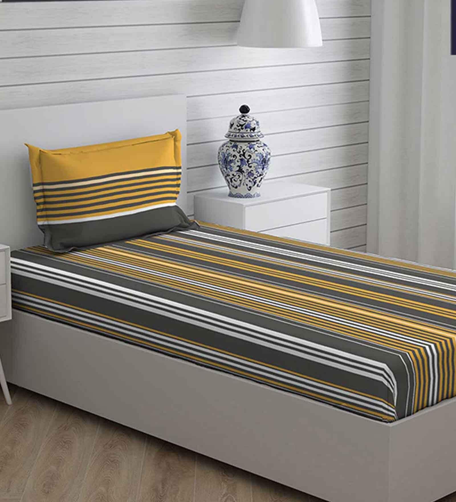 Buy Yellow Striped 225 TC Cotton Single Bed Sized Bed Sheets with 2 ...