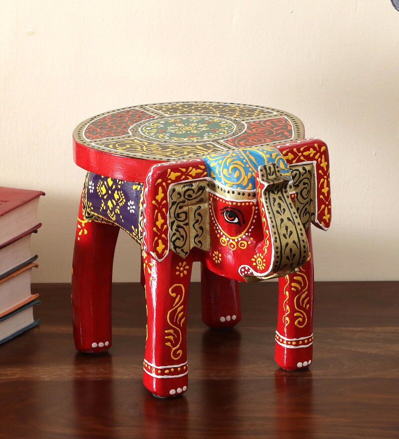 Buy Orange Wooden Handpainted Big Elephant Stool by SA Handicraft ...