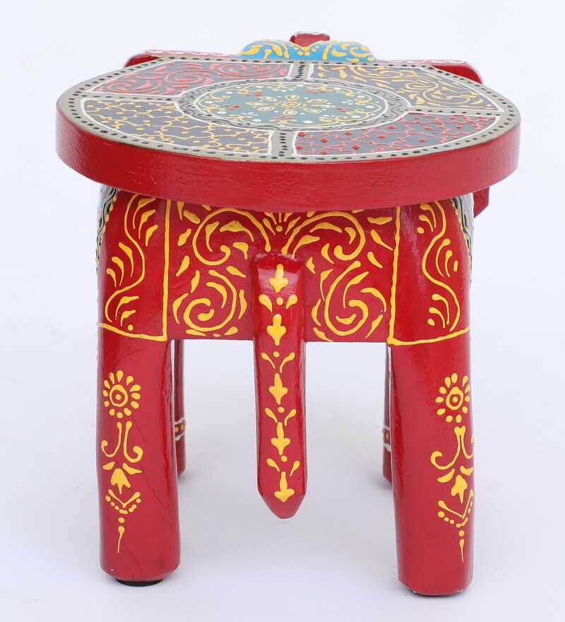 Buy Orange Wooden Handpainted Big Elephant Stool by SA Handicraft ...
