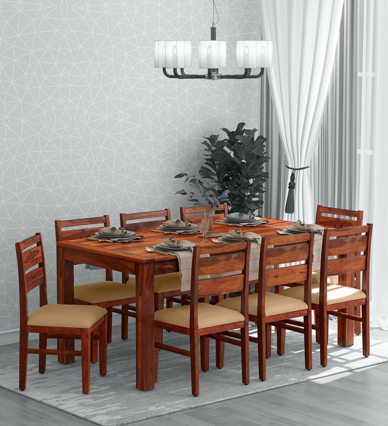 Buy Oriel Solid Wood 8 Seater Dining Set with Cushioned Chairs in Honey ...