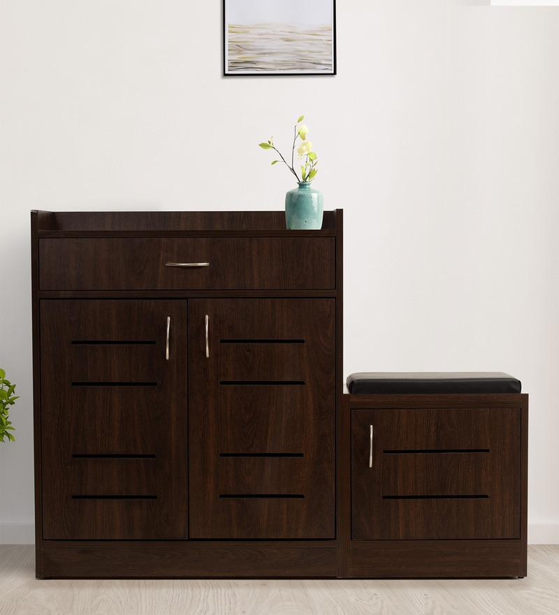 Buy Oslo Shoe Rack with Seating in Brown Teak Matte Finish by Solace ...