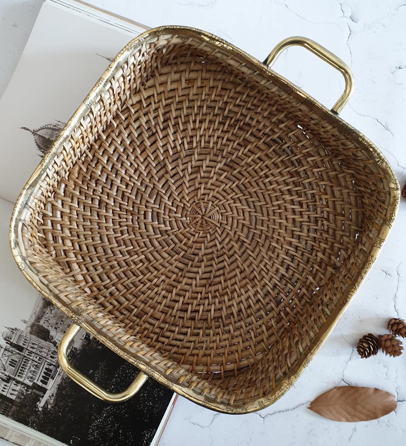 Buy Ovas Square Cane Serving Basket with Brass Rim & Handle By Blank ...