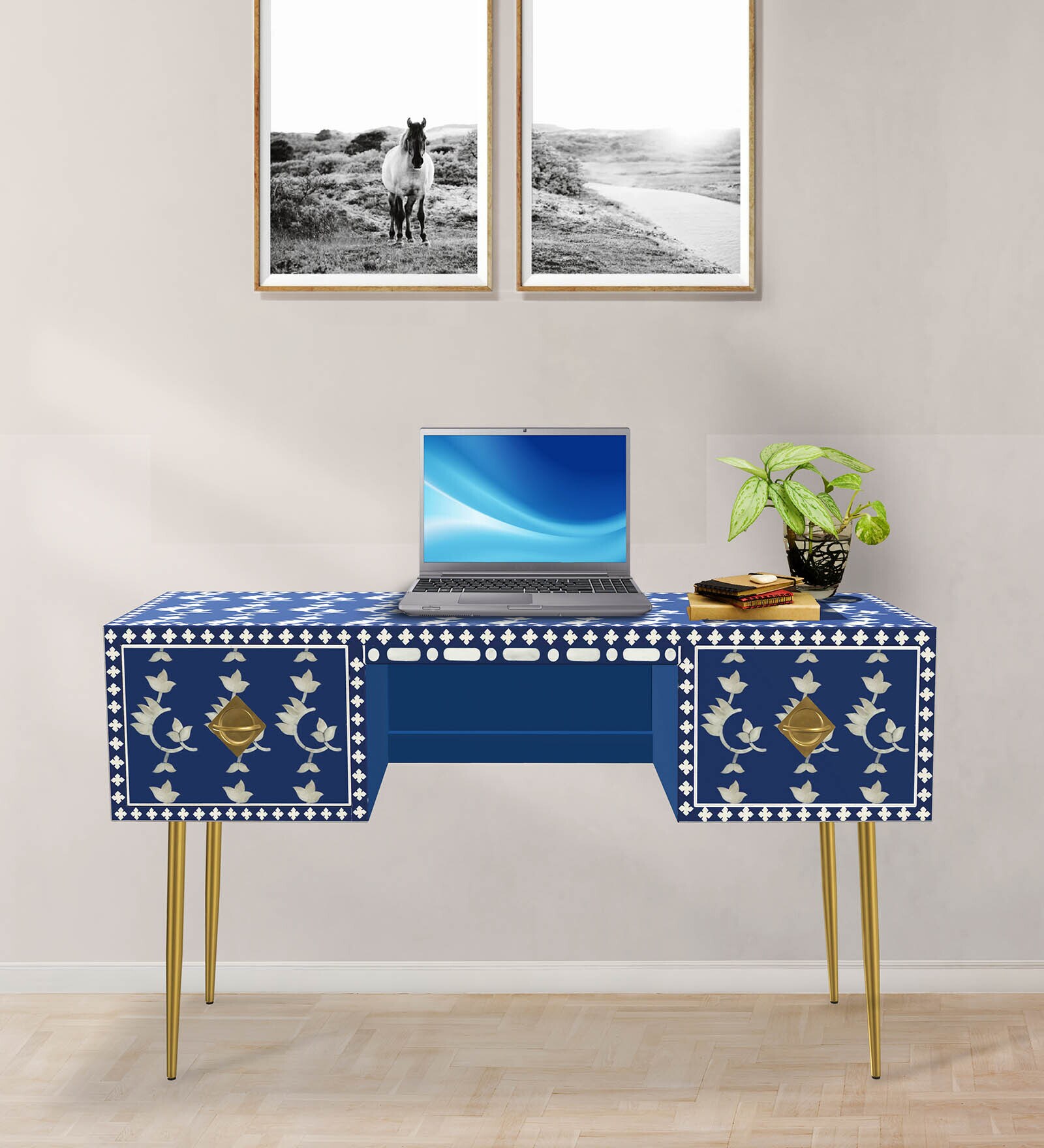 Buy Overlayfloral Bone Inlay Study Table in Indigo Finish at 34% OFF by ...