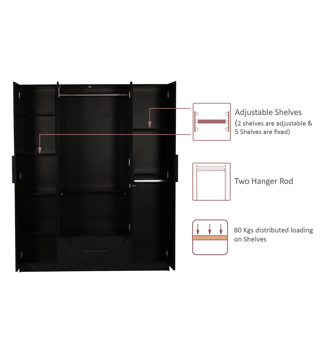 Buy Ozone 4 Door Wardrobe in Wenge Finish with Mirror Online - 4 Door ...