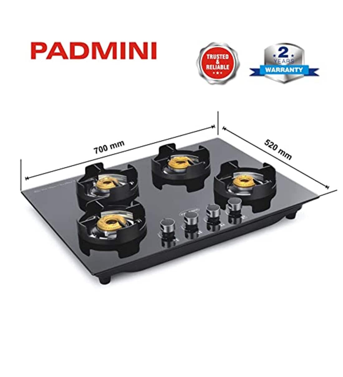 Buy Padmini CS 400 GL IB Auto Ignition 4 Burner Built in Glass Gas Hob Black (2 Big, 2 Small ...