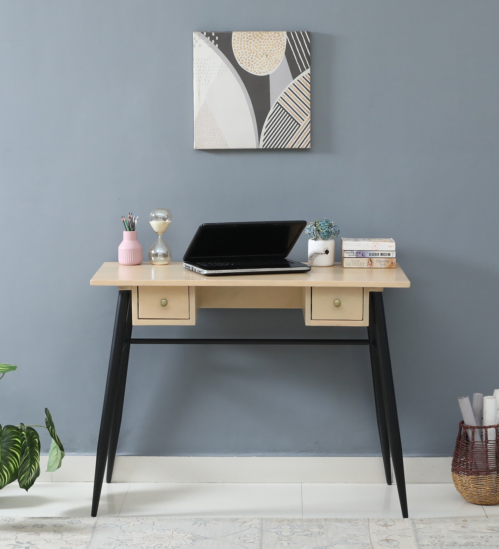 Buy Paulina Solid Wood Writing Table In Gold Wash Finish With Drawers ...