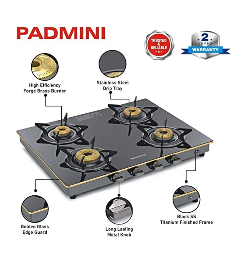 Buy Padmini CS 4GT Gold Manual Ignition 4 Burner Gas Stove (1 HF, 2 Big, 1 Small Burner) Online ...