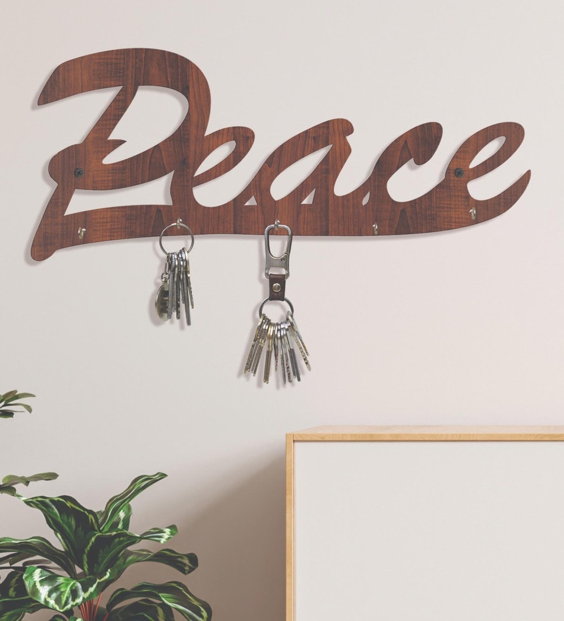 Buy Peace Walnut Finish Mdf Wall Hanging With 5 Hooks Key Holder at 2% ...