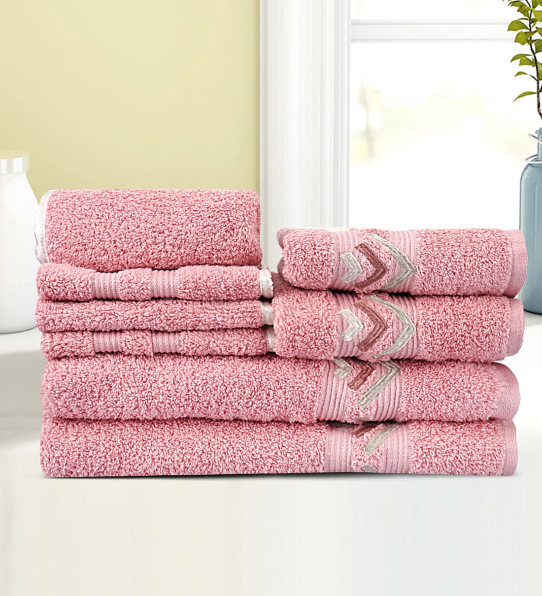 Buy Peach Cotton Patterned 500 GSM Towel Set 8 Pieces by Lush & Beyond ...