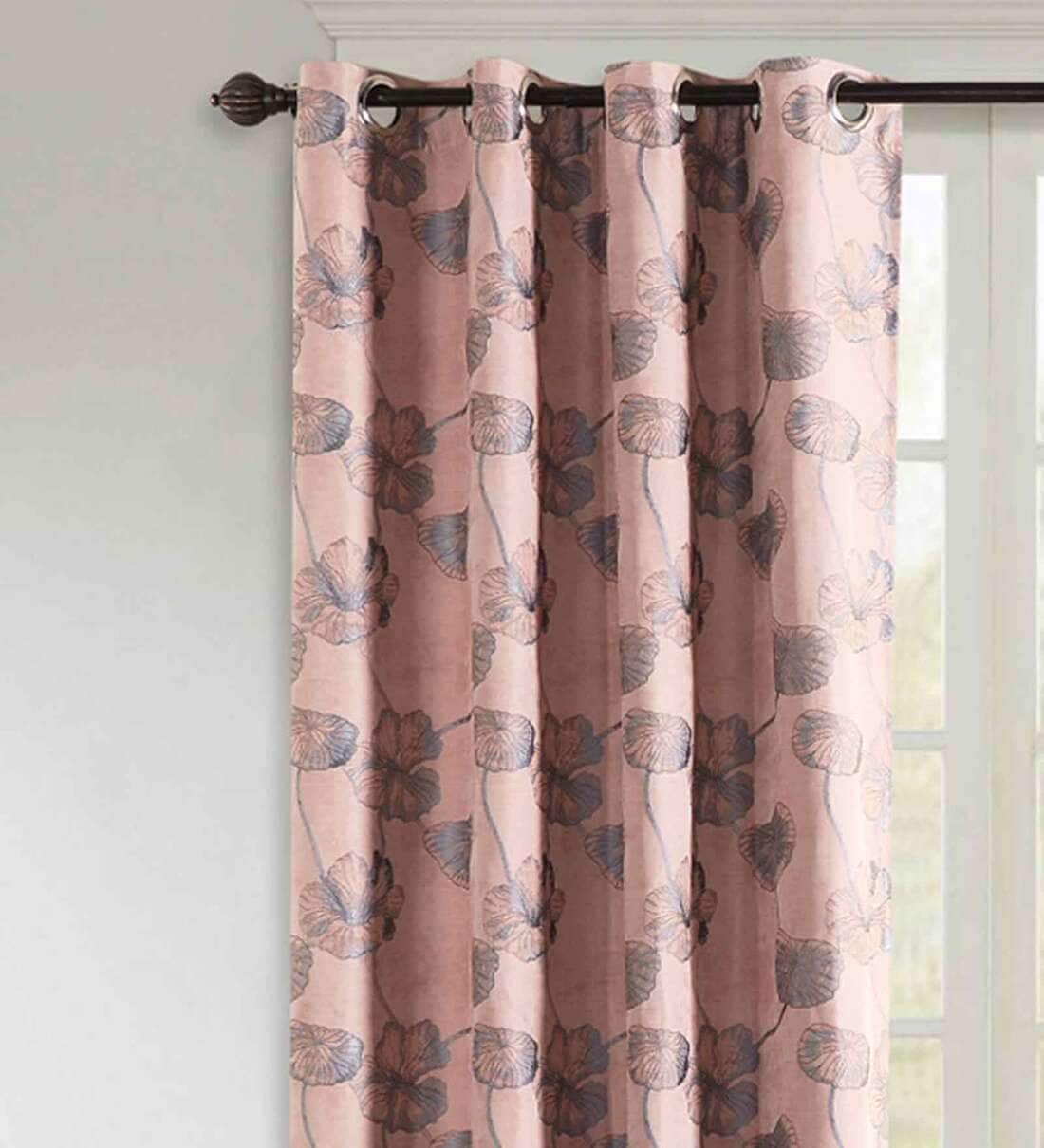 Buy Peach Floral Polyester 8 Ft Blackout Eyelet Door Curtains (Set of 2 ...
