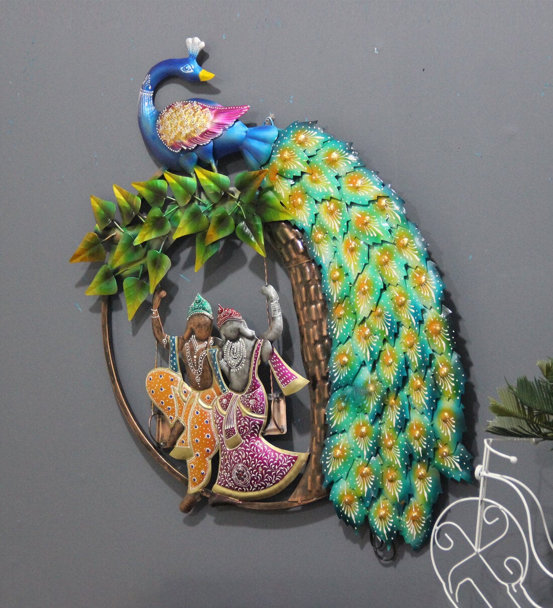 Buy Iron Peocock Wall Art With LED In Green By Malik Design Online ...