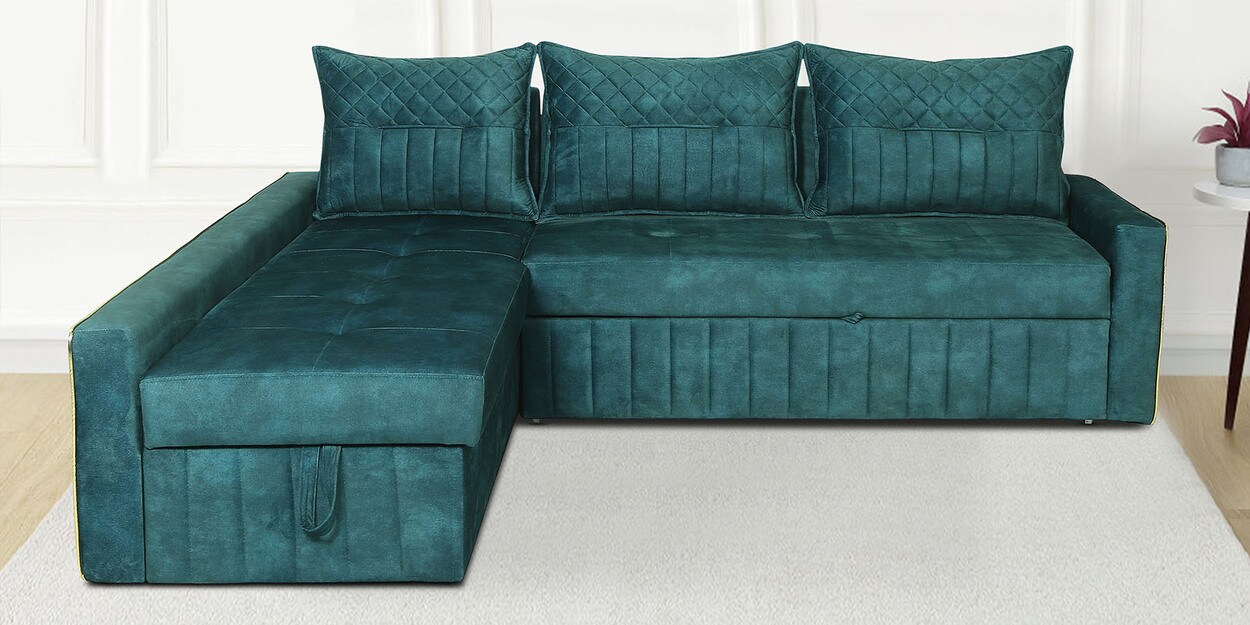 Buy Pelcan Velvet RHS Pull-Out Sofa Cum Bed in Teal Green Colour with ...