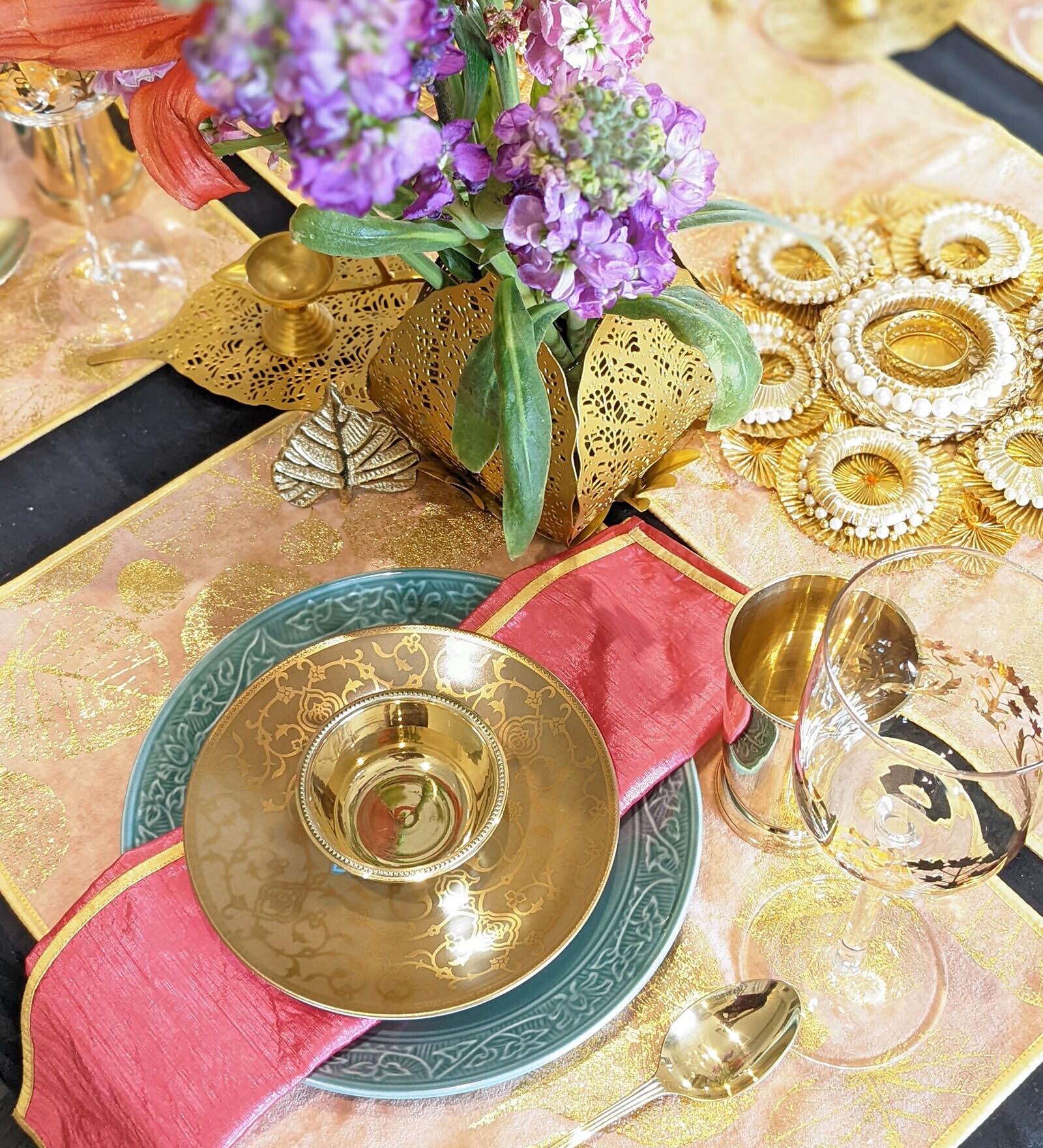 Buy Peach & Gold Velvet 47 Pcs (12 Seater) Table Linen Set by VPOP at ...