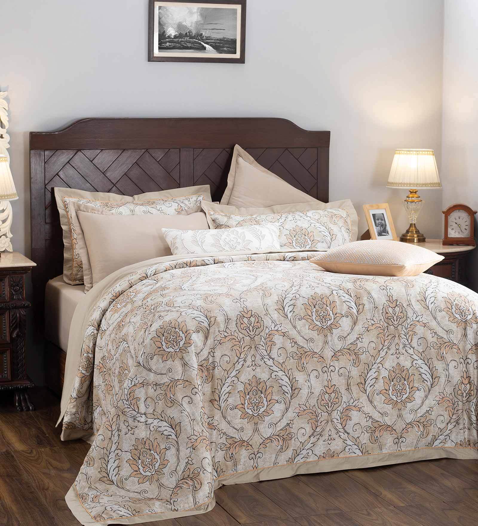 Buy Peach Abstract 400 TC Cotton (Set of 9) Double Bed Bedding Sets by ...