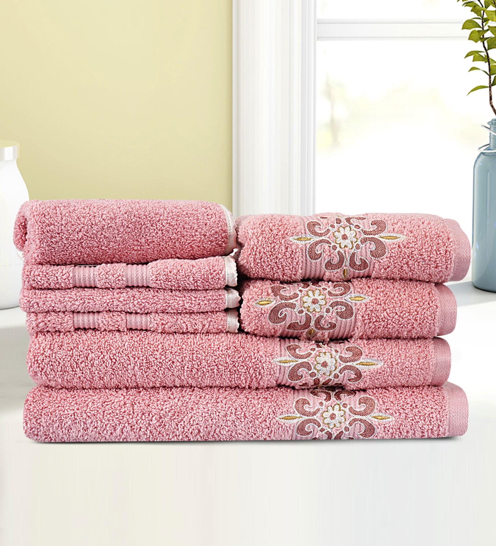 Buy Peach Cotton Patterned 500 GSM Towel Set 8 Pieces at 60% OFF by ...